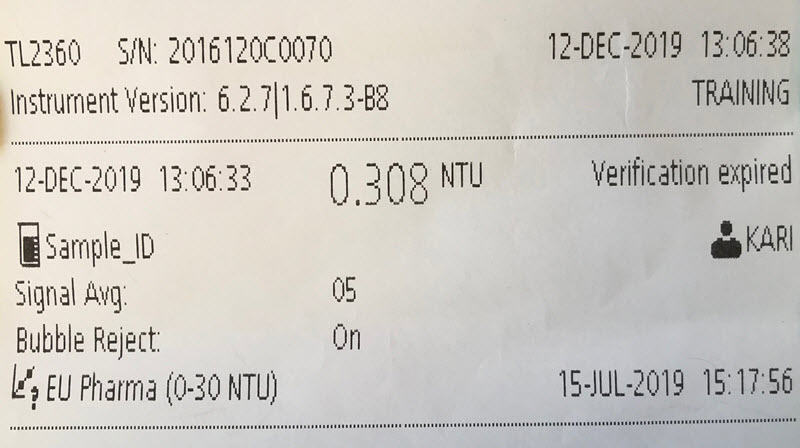 Can HACH provide an example of a detailed (GLP) printout from a TL23 ...